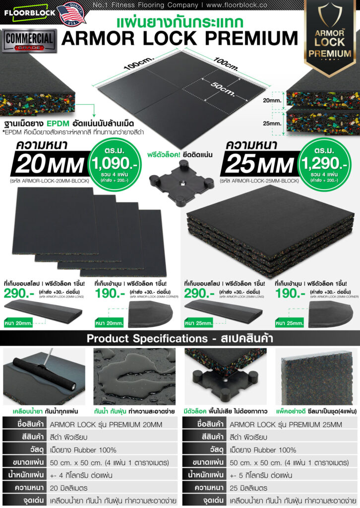 แผ่นยางกันกระแทก 50×50 รุ่น ARMOR-LOCK PREMIUM (หนา 25มม.) ชุด 4 แผ่น 1 ...