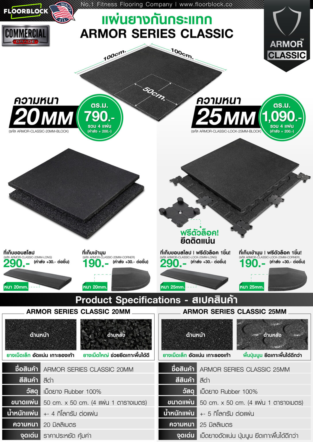 แผ่นยางกันกระแทก 50×50 รุ่น ARMOR CLASSIC LOCK (หนา 25มม.) ชุด 4 แผ่น 1 ...